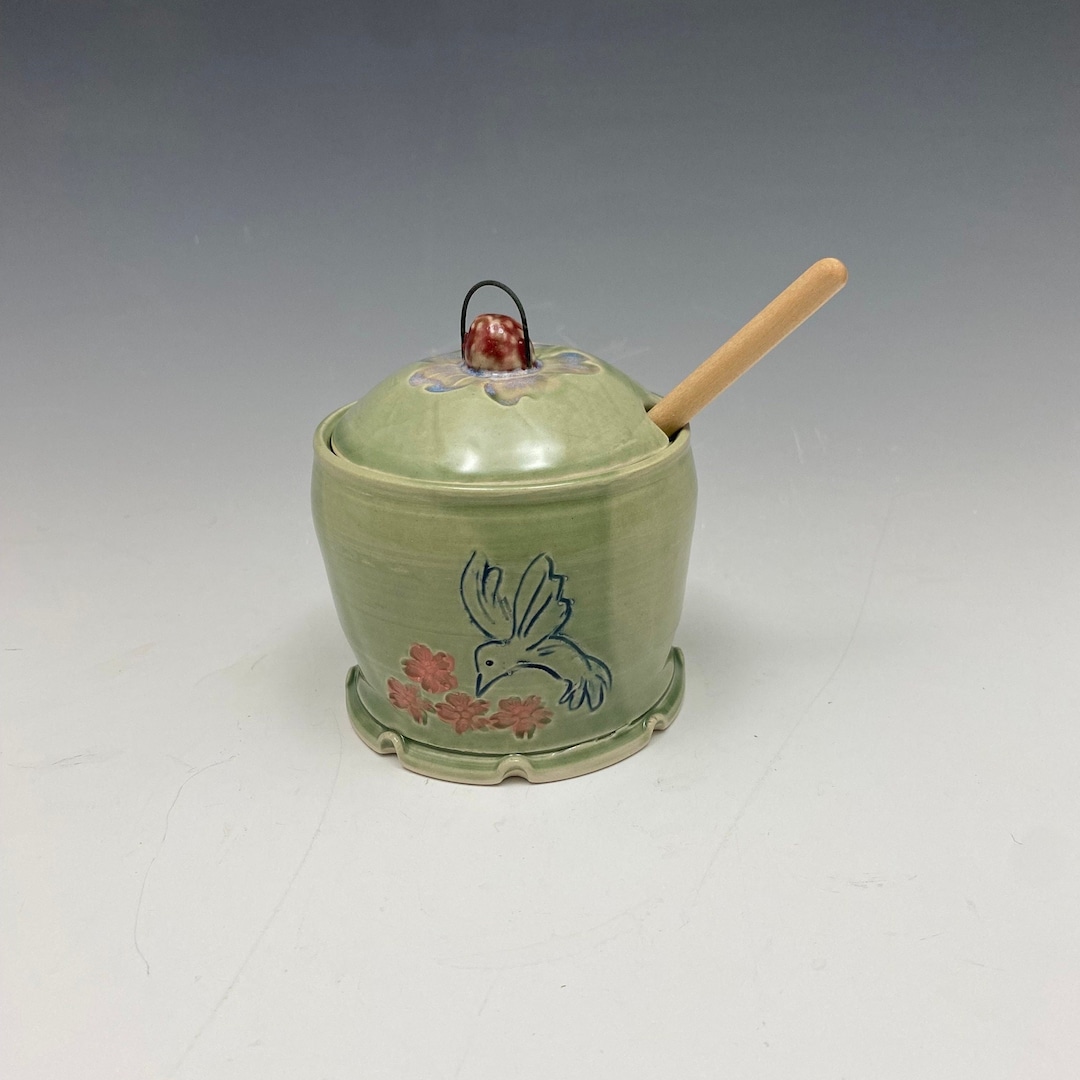 Handmade Ceramic Hummingbird & Flower Honey Jar / Pottery Jam Jar ...