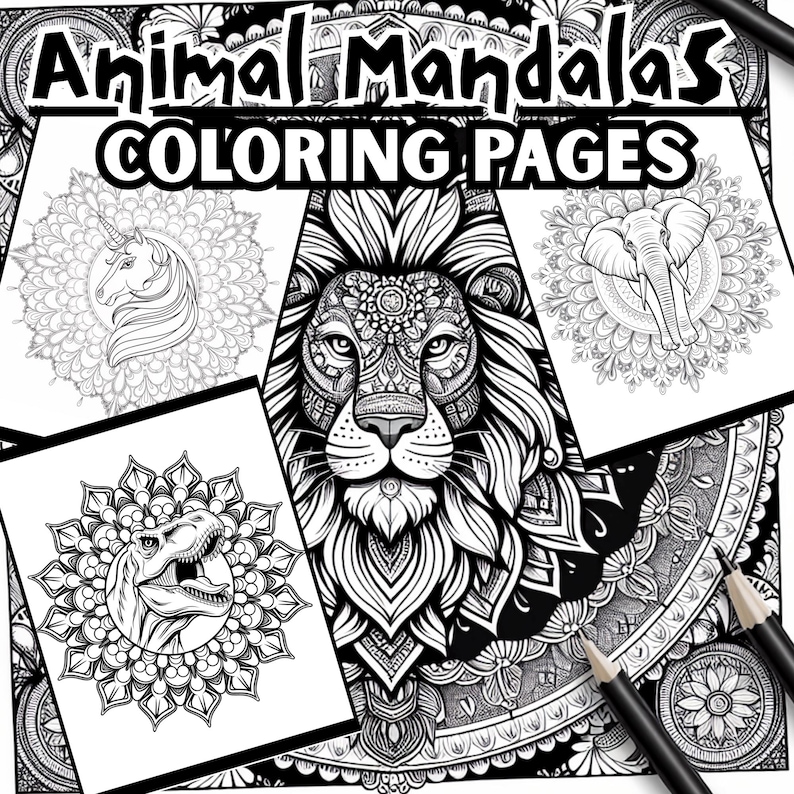 Animal Mandala Coloring Pages, Lion, Unicorn, Dinosaur, Elephant (PDF ...
