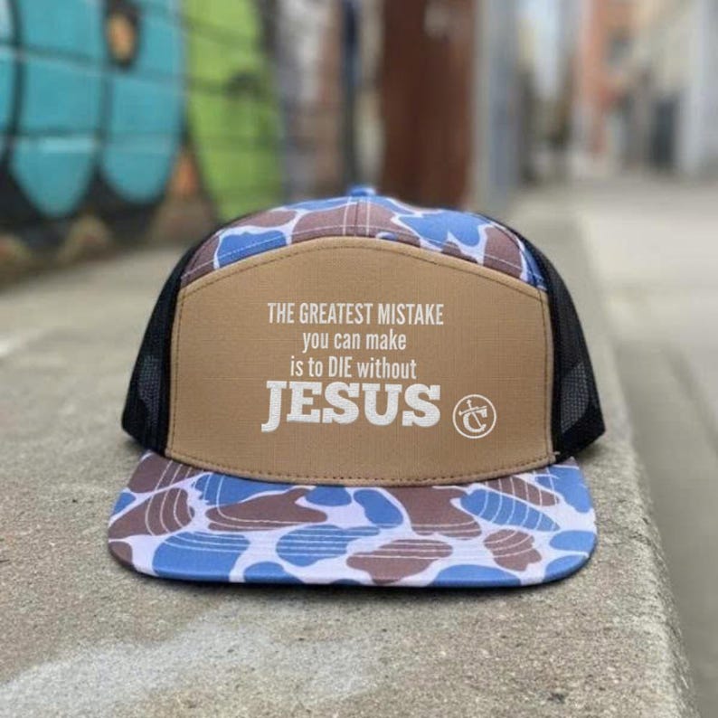 The Greatest Mistake Without Jesus Hat - Christian Evangelism Blue Camo ...