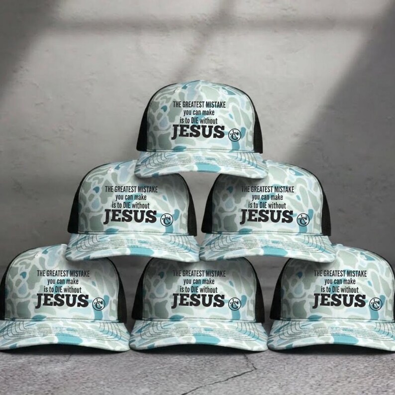 The Greatest Mistake Without Jesus Hat - Christian Evangelism Blue Camo ...