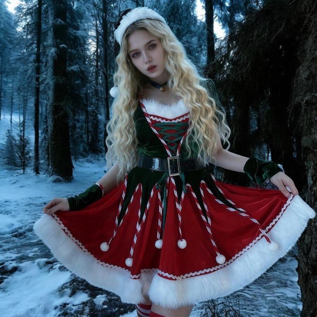 Gothic Christmas Elf Costume Set | Green Red Velvet Elf Dress With Hat ...