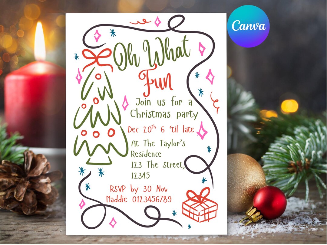 Oh What Fun Christmas Party Invitation | Whimsical Hand Drawn Xmas ...