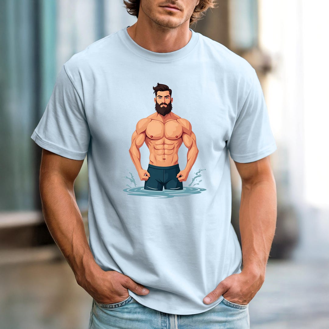 Buy Bearded Muscular Man Illustration T-shirt | Beach Swim Trunks ...
