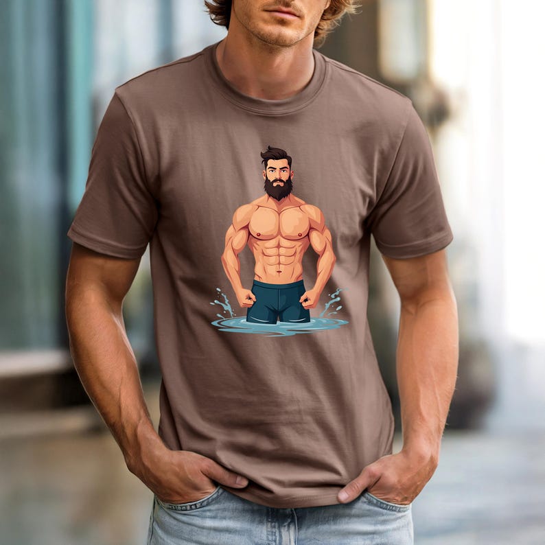 Buy Bearded Muscular Man Illustration T-shirt | Beach Swim Trunks ...