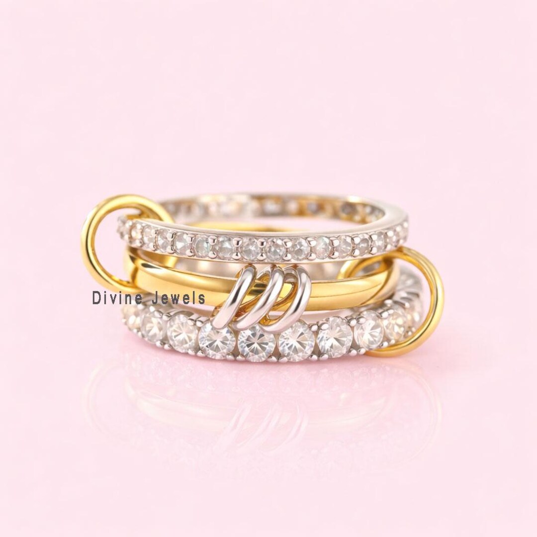 Handcrafted Two-color Interlocking Fashion Rings 925 Sterling Silver CZ ...