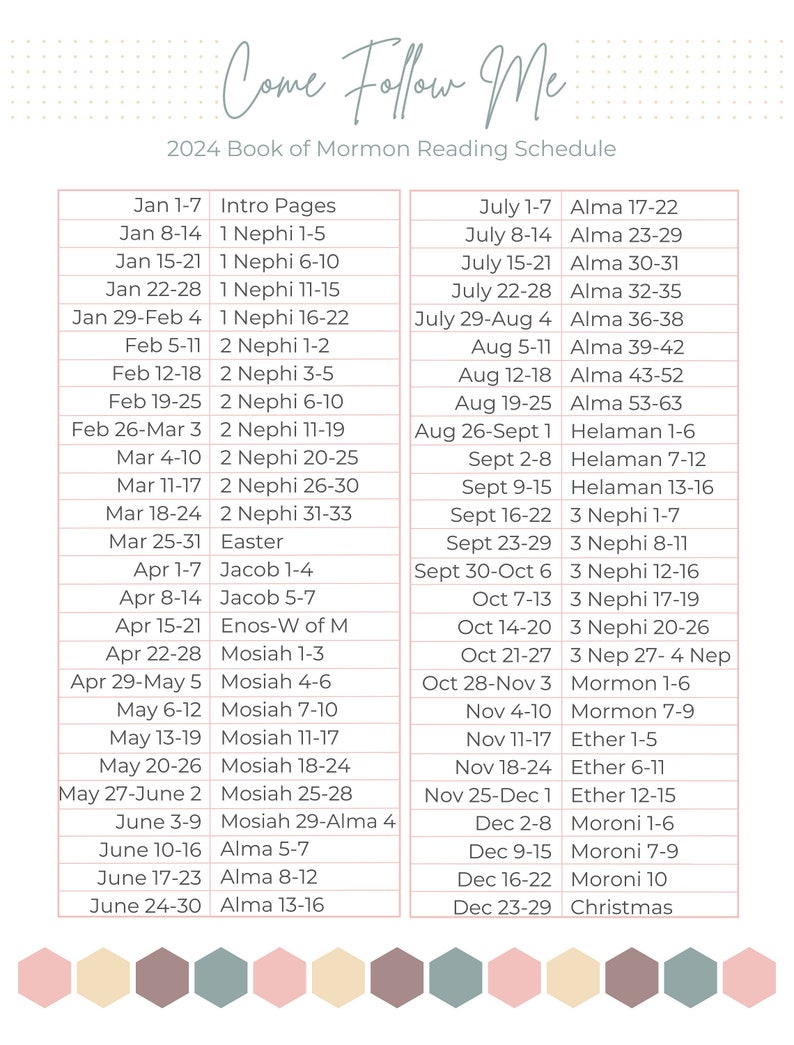 Book of Mormon Reading Schedule for Come Follow Me 2024, Relief Society, Elders Quorum, Young ...