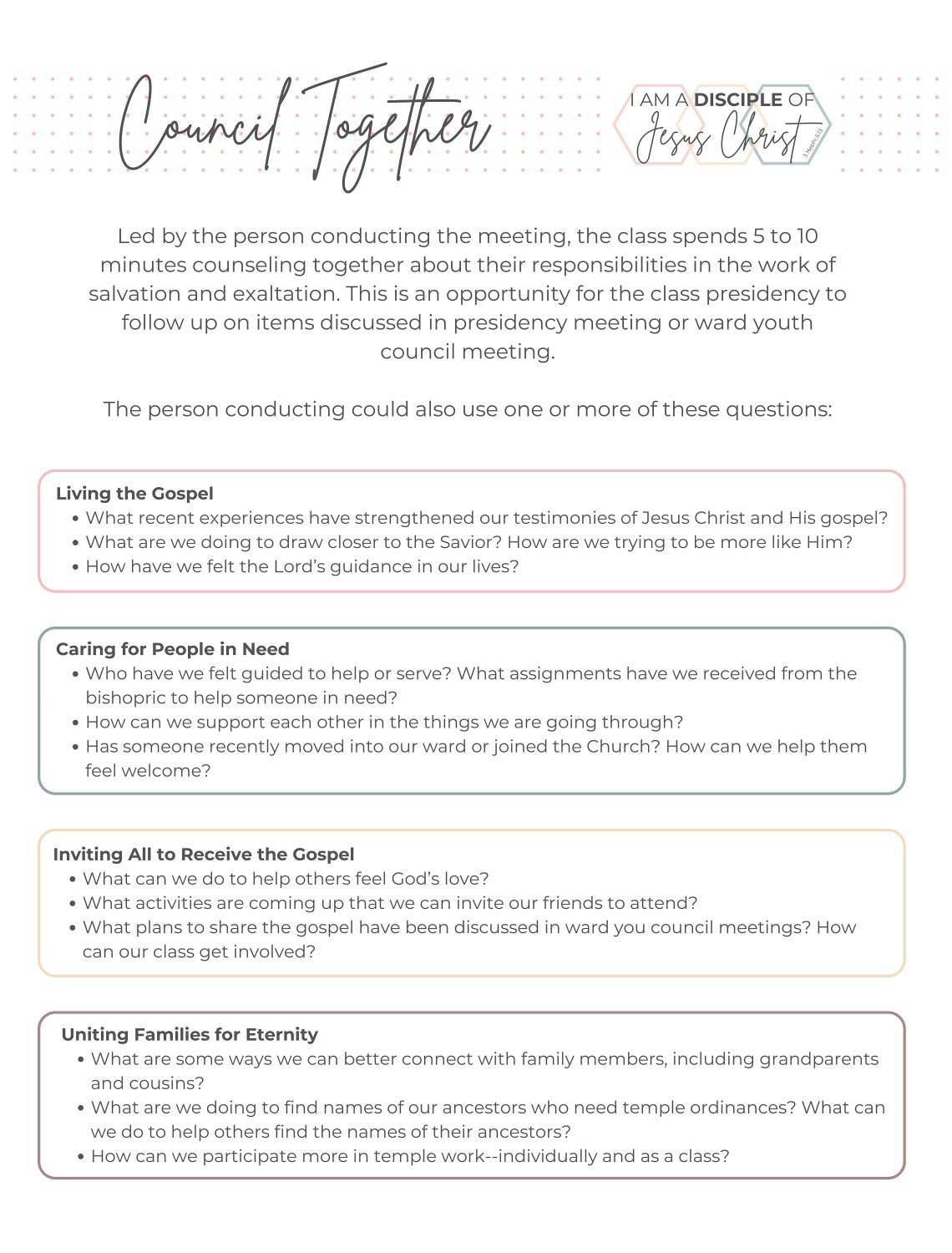 LDS Young Women Class Conducting Agenda Counsel Together - Etsy