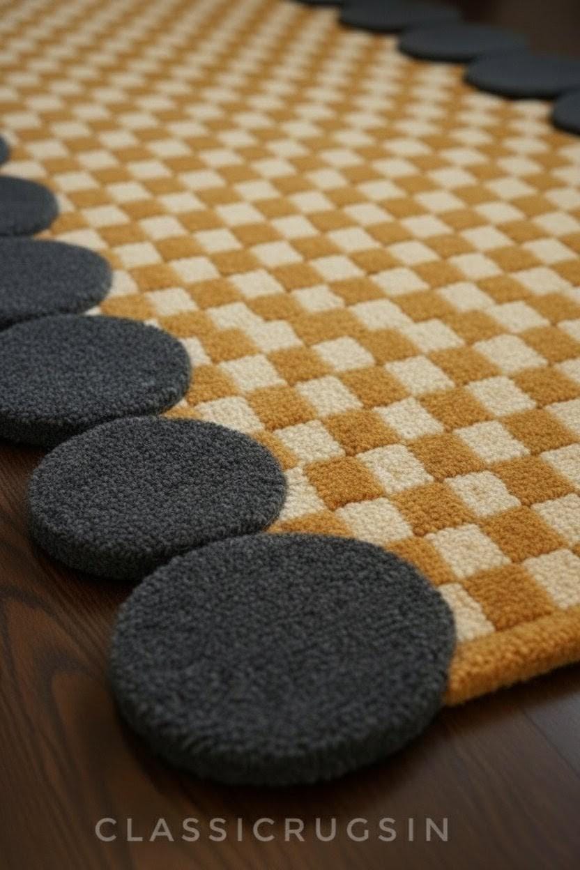 Checkered Runner Rug Wool Hand Tufted Scallop Edge Hallway Runner Gold ...