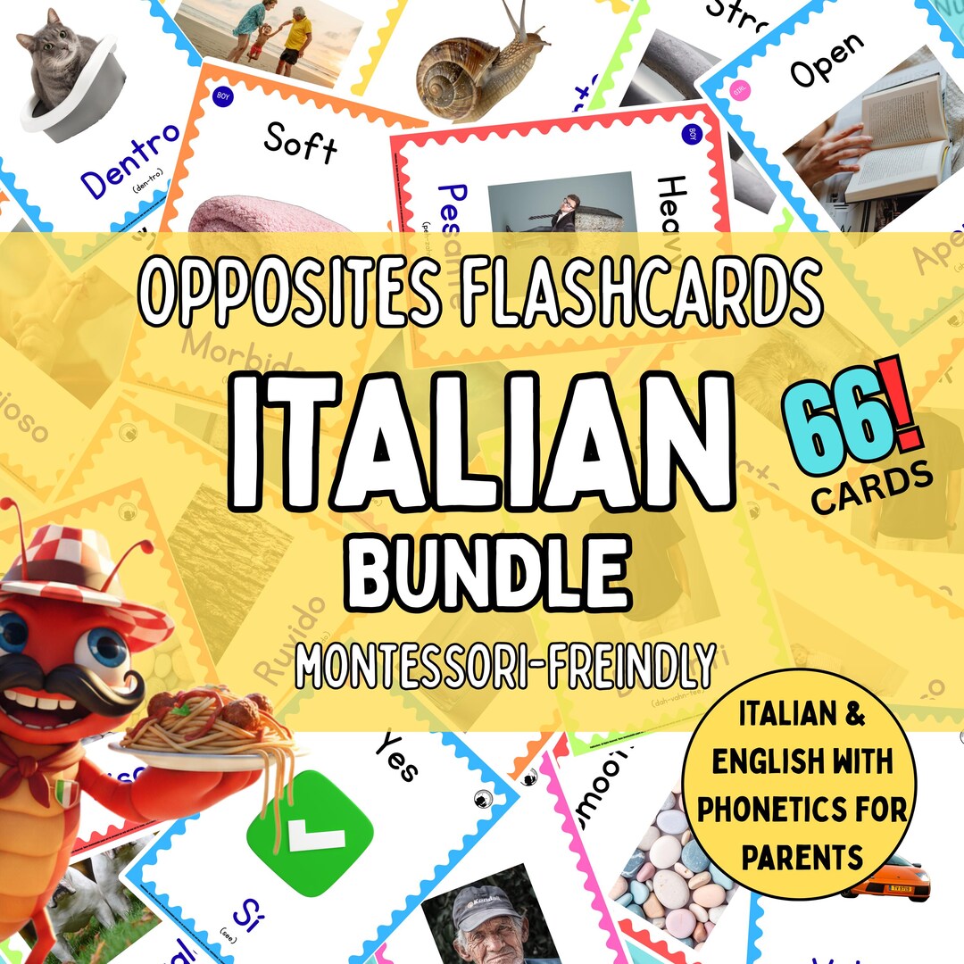 Italian Opposites Flashcards for Kids, Bilingual Vocabulary Cards ...