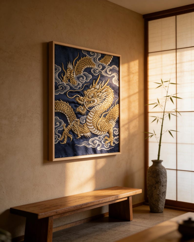 Japanese Dragon Art Print: Golden Silk Relief, Midnight Indigo Swatch ...