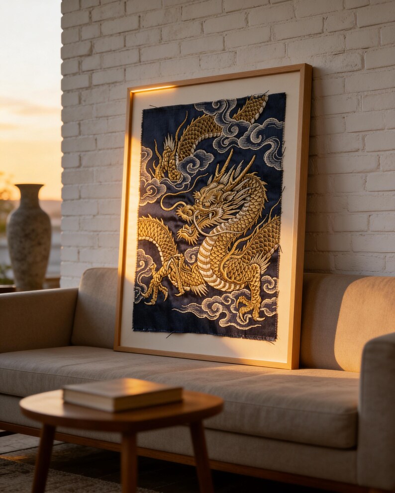 Japanese Dragon Art Print: Golden Silk Relief, Midnight Indigo Swatch ...