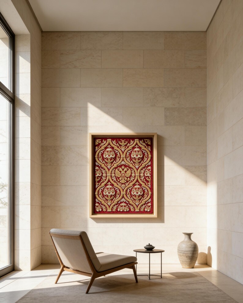 Imperial Faberge Egg Relief Art: 3D Gold Embroidery, Ruby Velvet Swatch ...