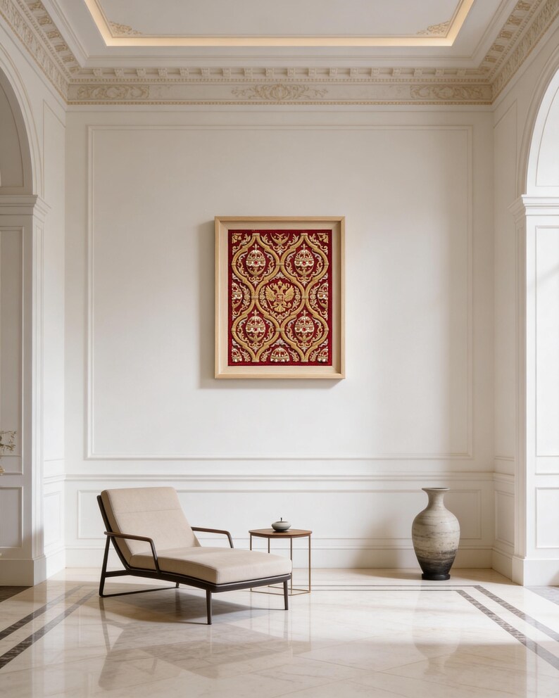 Imperial Faberge Egg Relief Art: 3D Gold Embroidery, Ruby Velvet Swatch ...