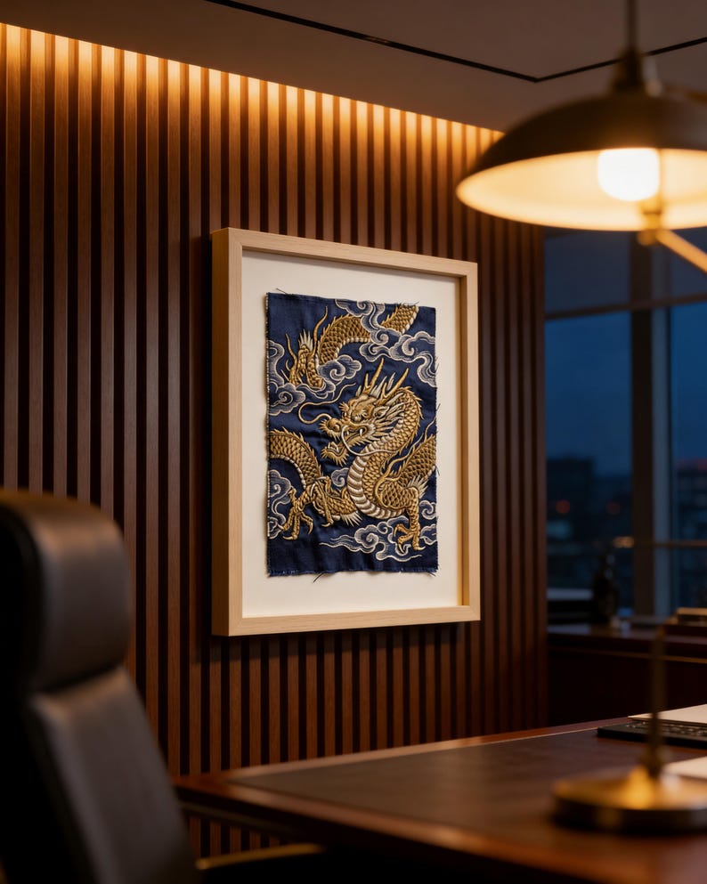 Japanese Dragon Art Print: Golden Silk Relief, Midnight Indigo Swatch ...