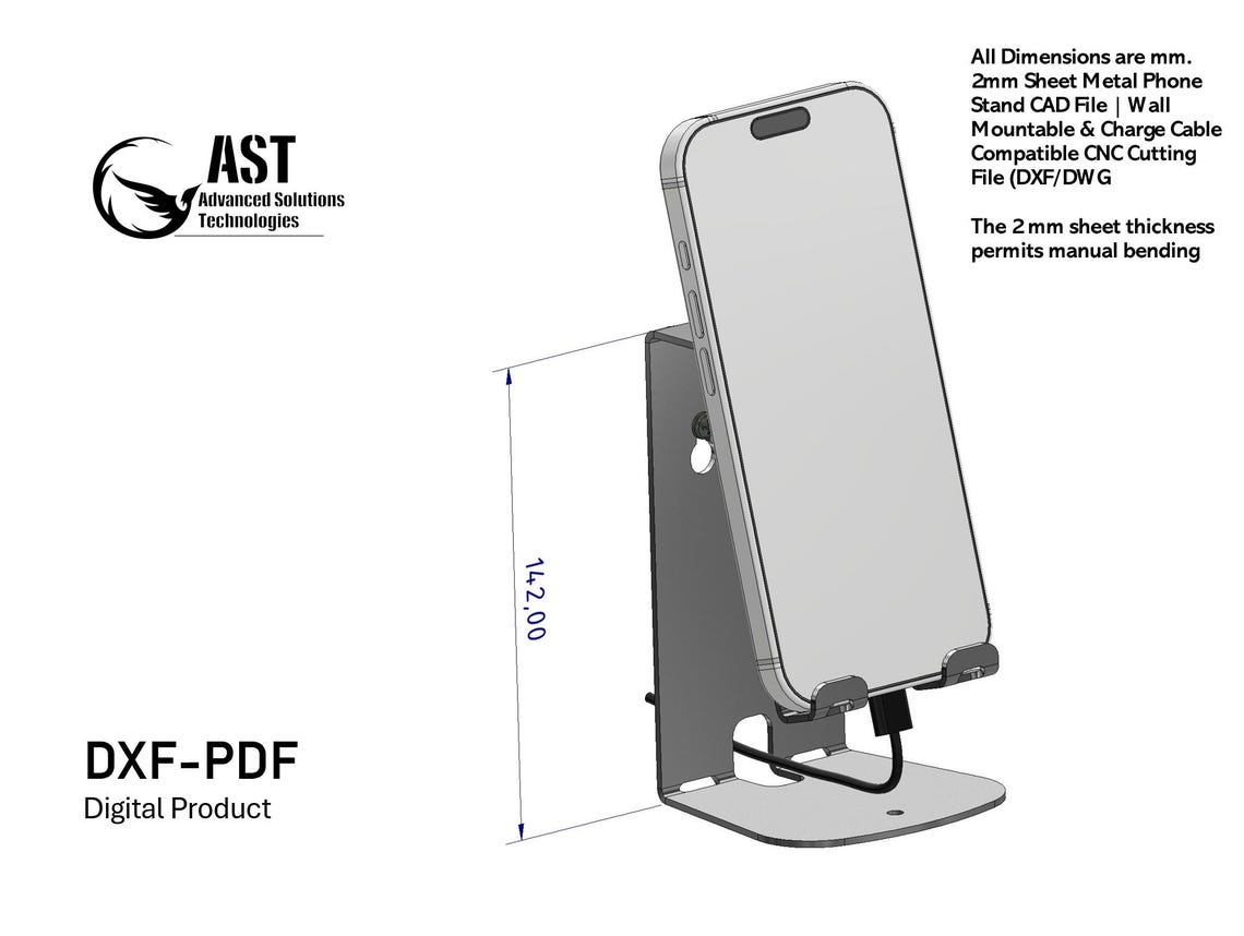 2mm Sheet Metal Phone Stand CAD File, Wall Mountable,charge Cable ...