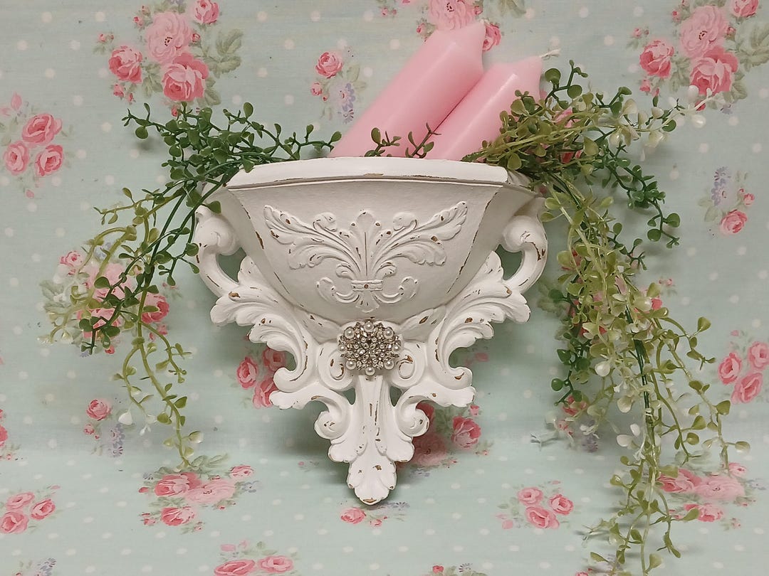 Shabby Chic WHITE Vintage Wall Pocket*gorgeous*cottage Chic Ornate Wall ...