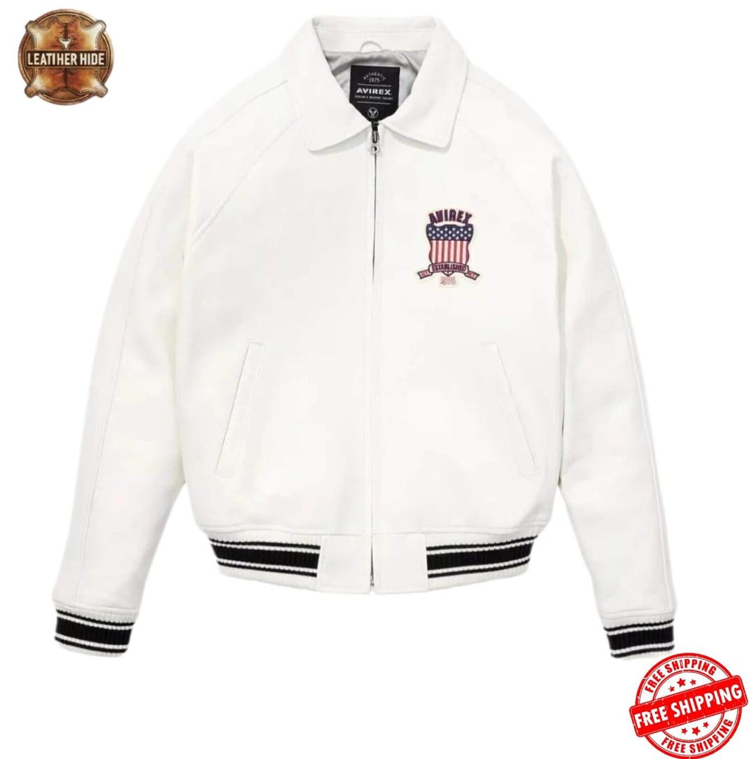 Avirex White Varsity Bomber Jacket, Retro American Flag Patch - Etsy