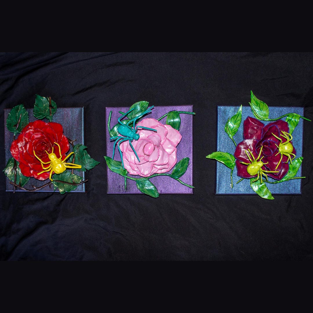 Set of 3 Garden Spiders — 3D Clay Floral Wall Art Bundle, Handmade [8x8 ...