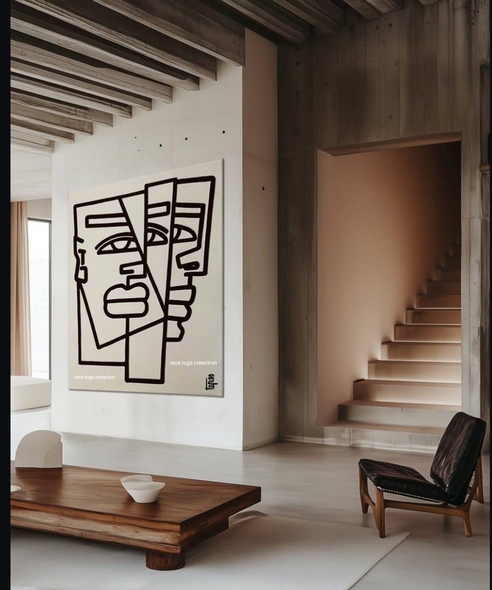 Handmade Tufted Abstract Face Line Art Rug - Modern Minimalist Home ...