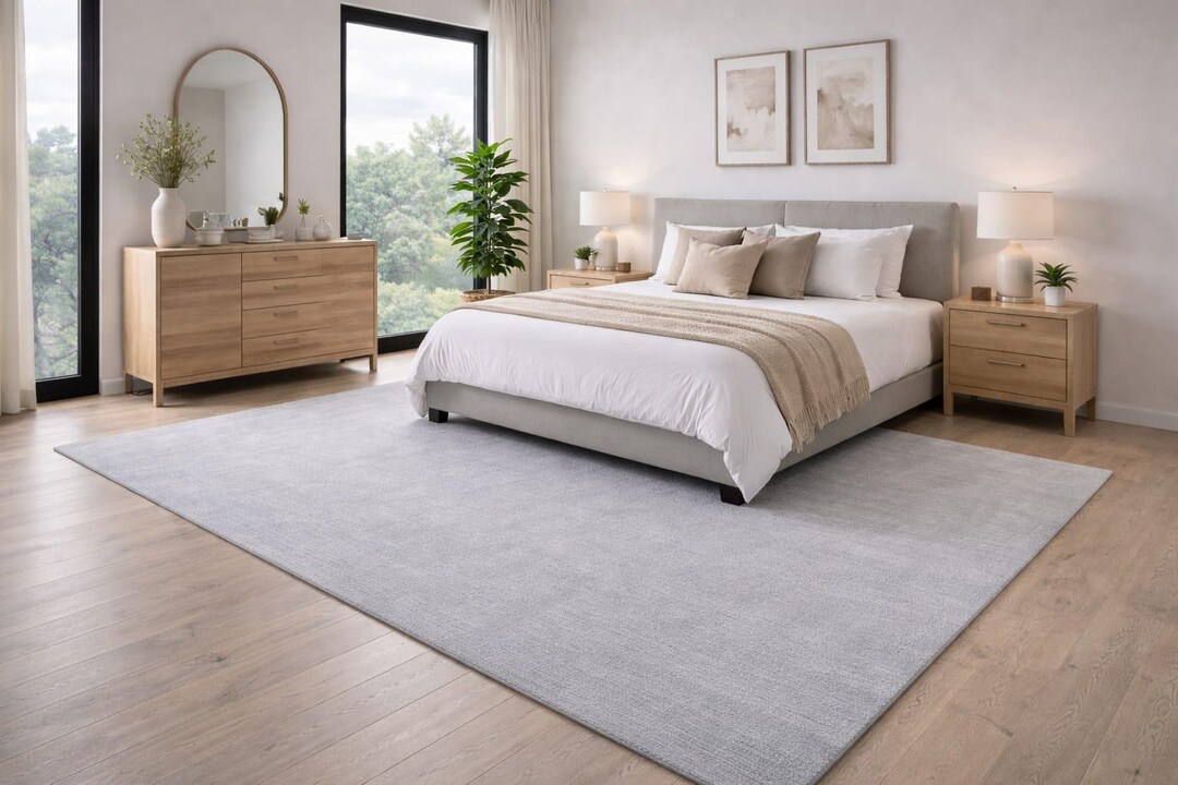 Modern Light Grey Area Rug, Minimal Solid Wool Carpet for Living Room ...