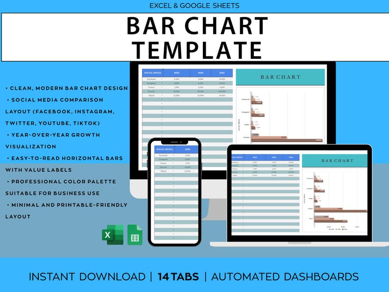 Editable Bar Chart Template for Google Sheets, Growth Comparison Chart, Social Media Report ...