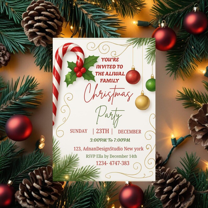 Candy Cane Christmas Party Invitation, Elegant Holiday Event (digital ...