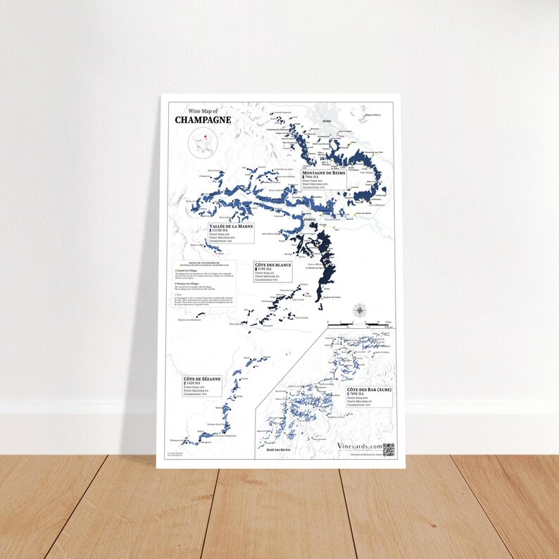 Champagne Wine Map Poster - Grand Cru Villages & Sub-regions Art Print ...