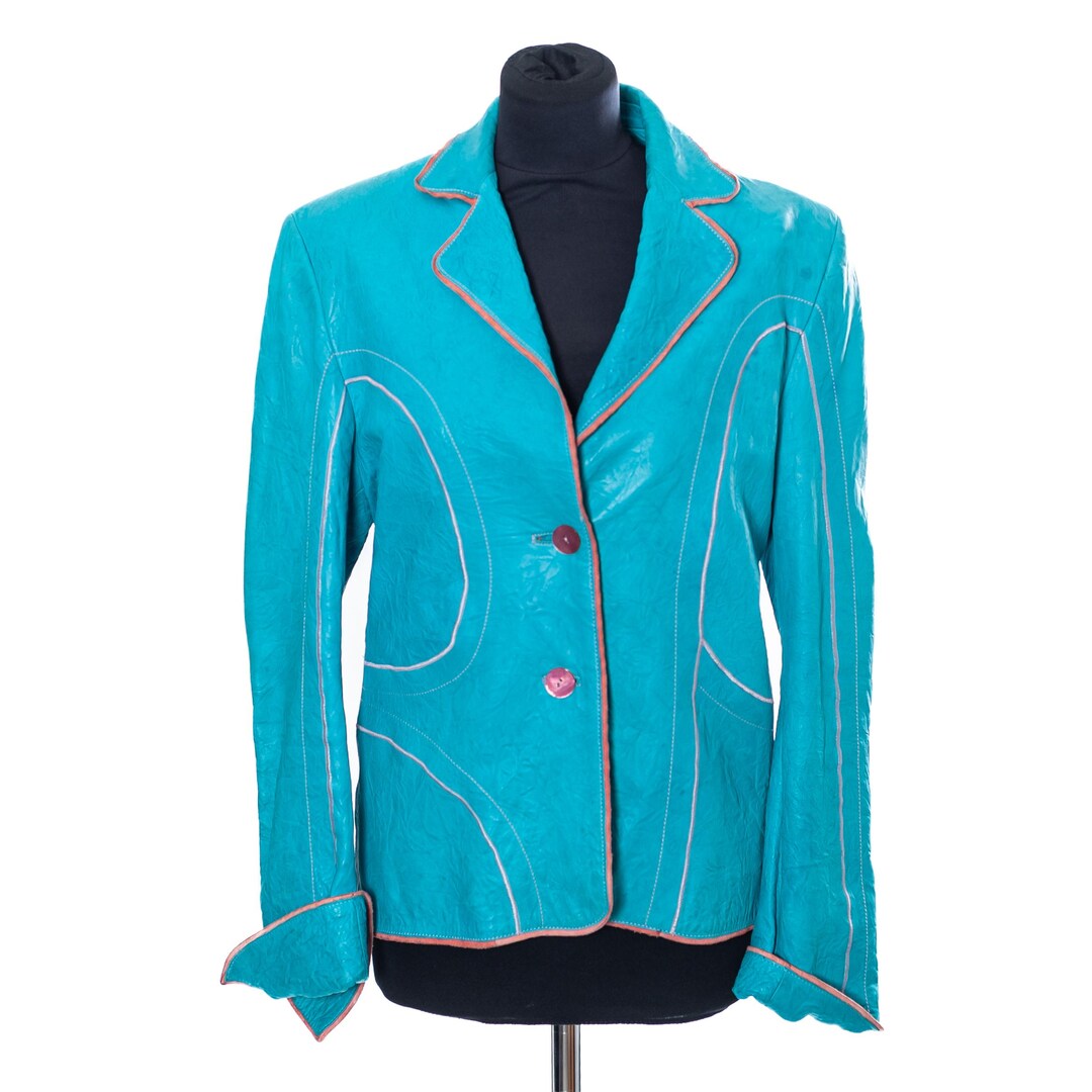Vintage Turquoise Leather Blazer: Coral Trim, Crinkled 90s Designer ...
