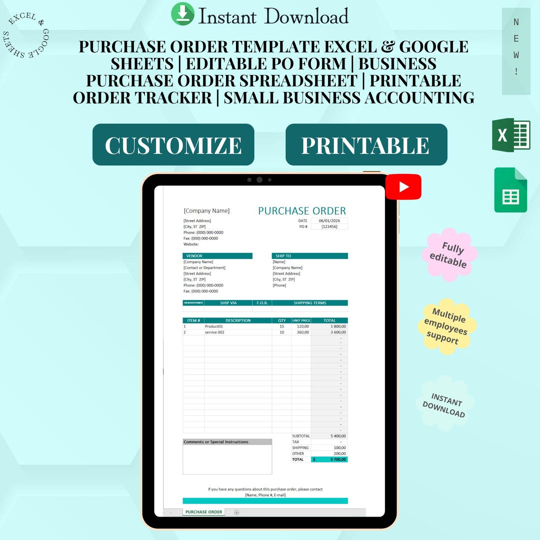 Purchase Order Template Excel & Google Sheets | Editable PO Form ...