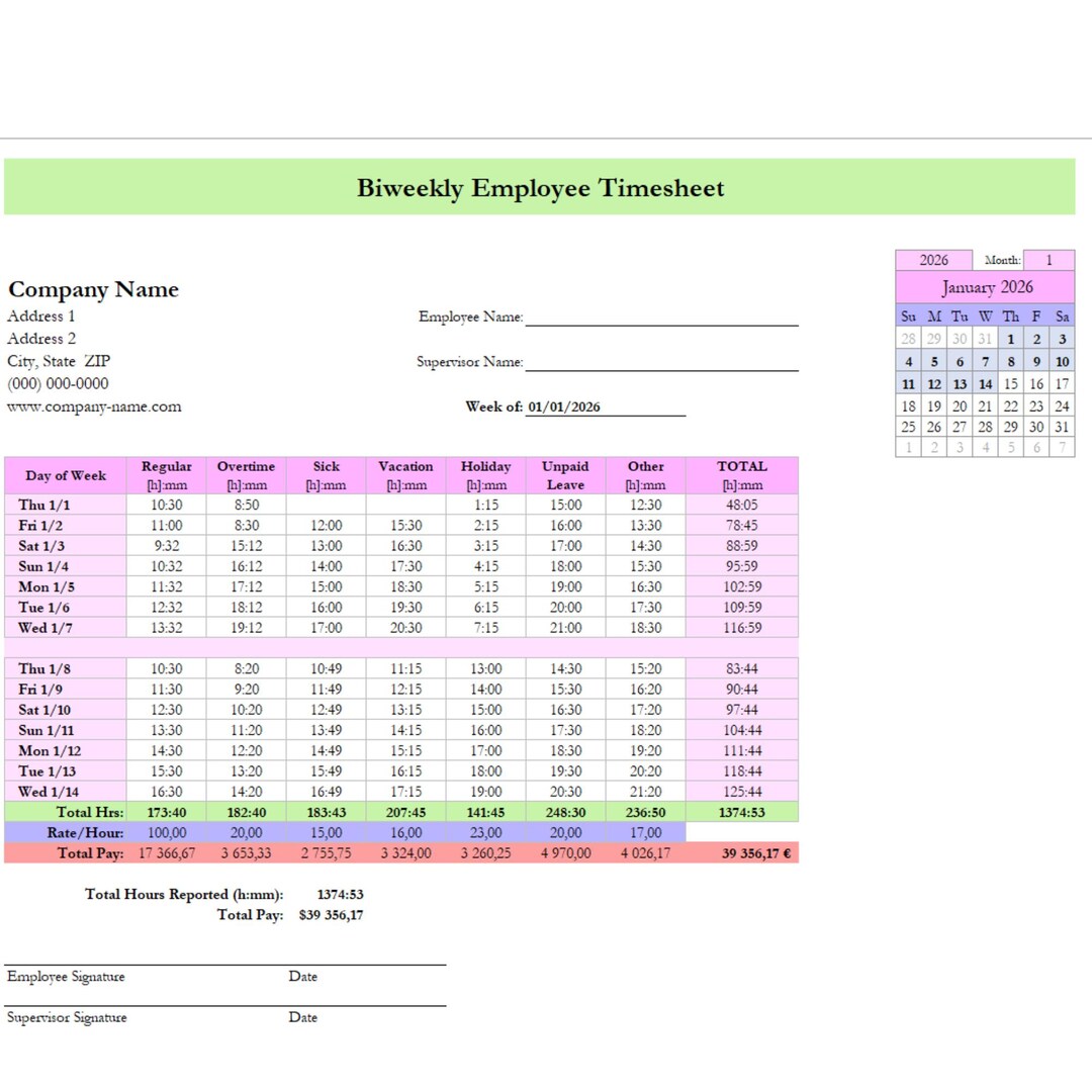 Biweekly Timesheet Employee Tracker Template Excel & Google Sheets ...