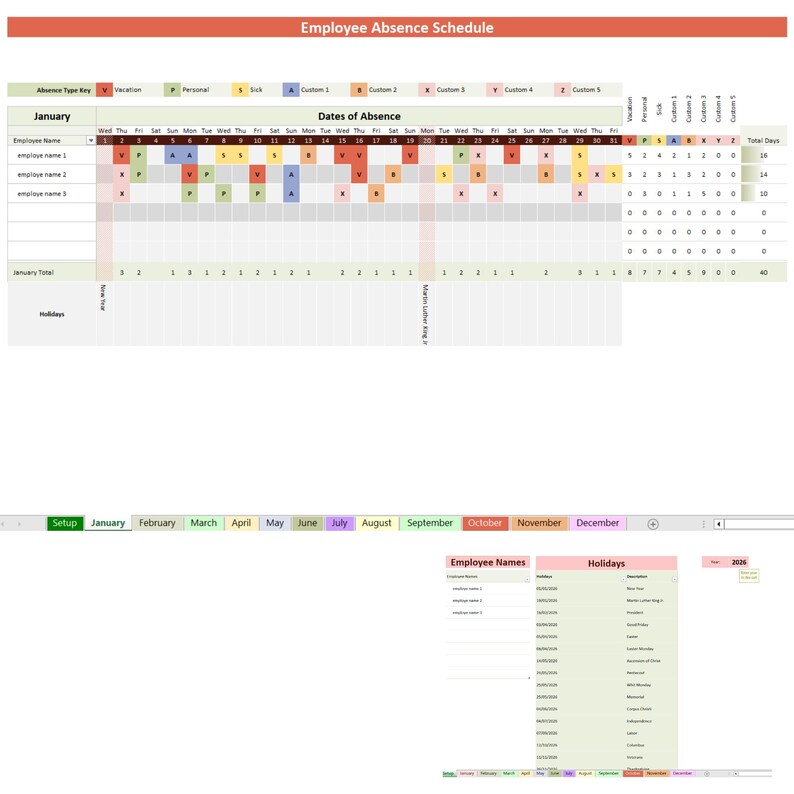 Employee Absence Tracker Calendar 2026 | Editable Excel HR Vacation and ...
