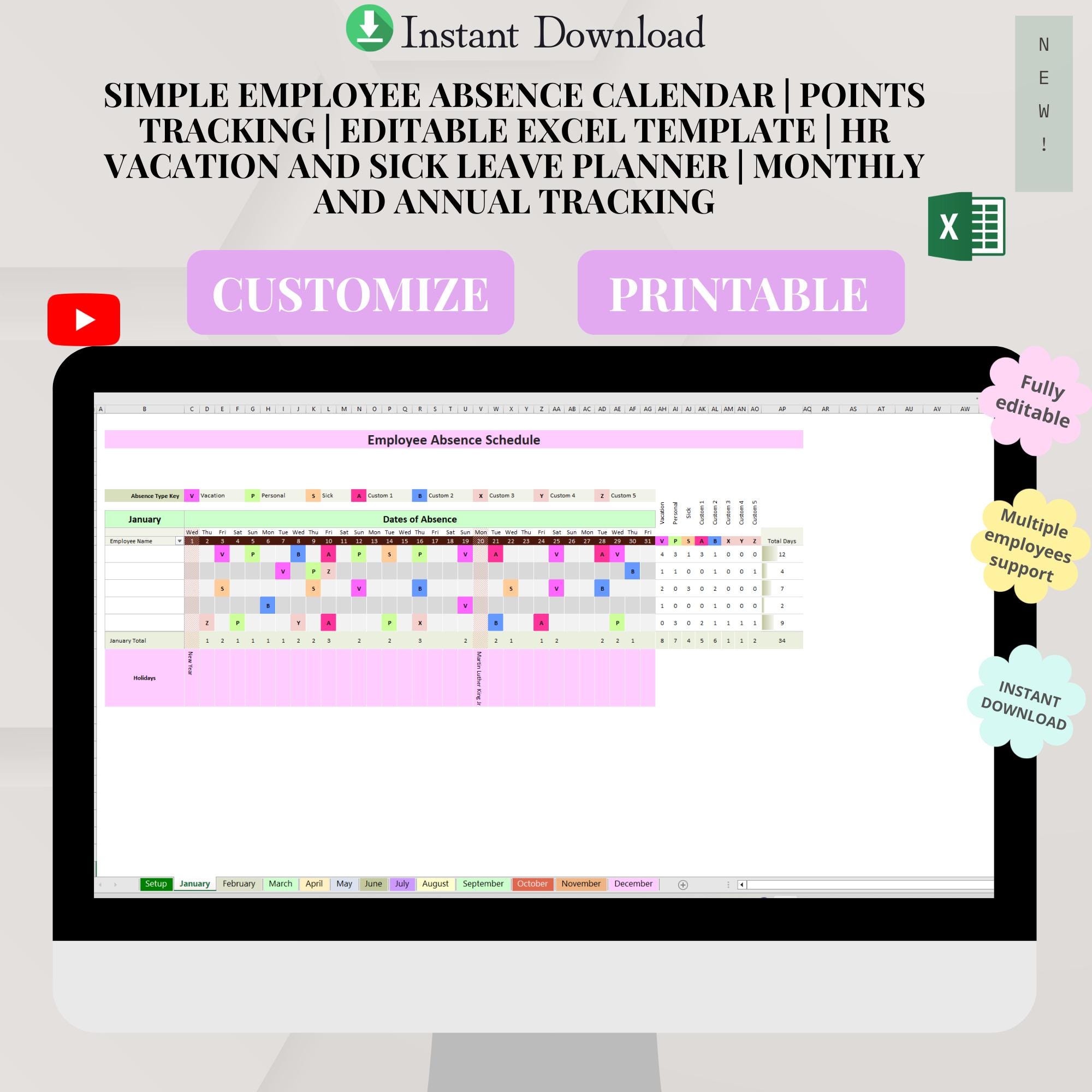 Employee Absence Tracker Calendar| Tracking Points | Editable Excel ...