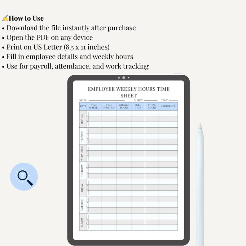 Employee Timesheet Template | Printable Weekly Work Hours Tracker PDF ...