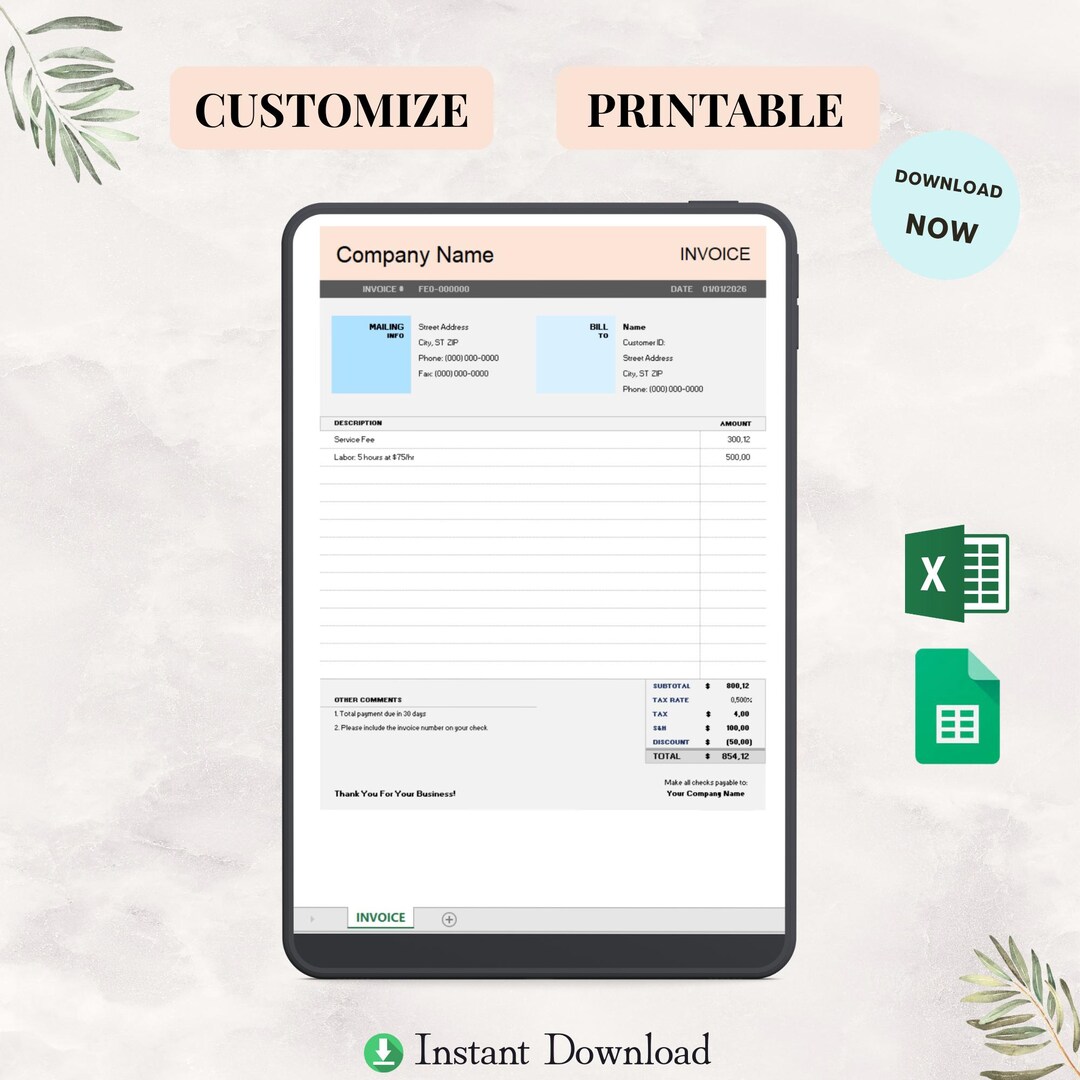 Invoice Template Excel & Google Sheets | Professional Invoice ...