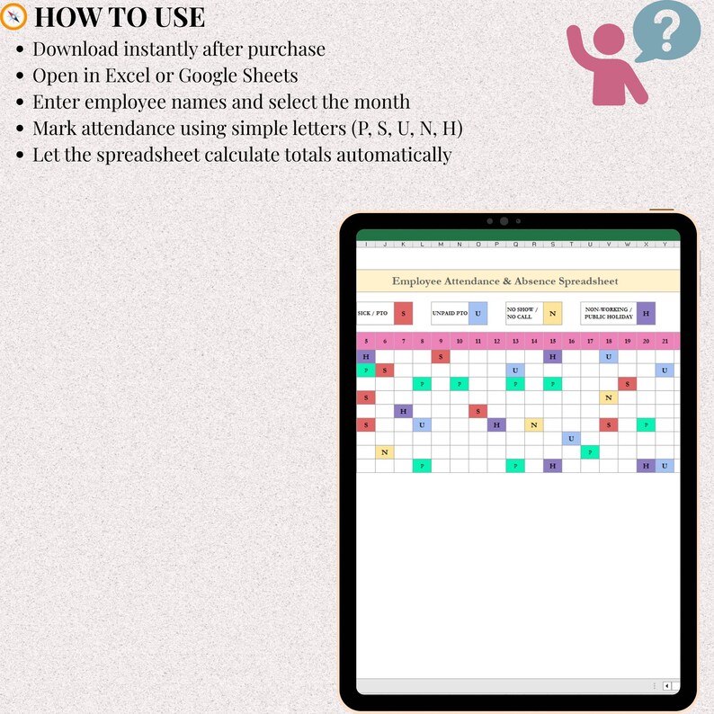 Employee Attendance & Absence Tracker Excel Google Sheetsmonthly Staff ...