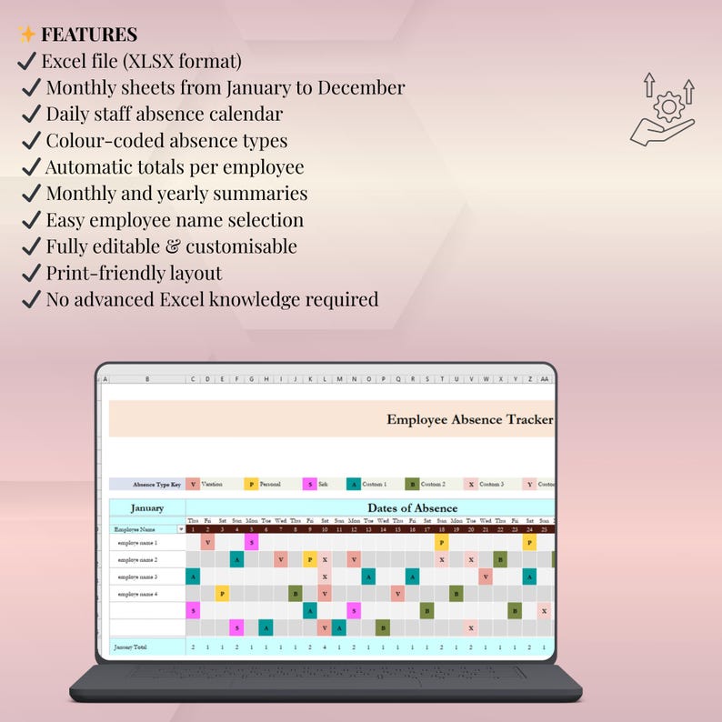Employee Absence Tracker Calendar 2026 | HR Vacation Sick Leave Planner ...
