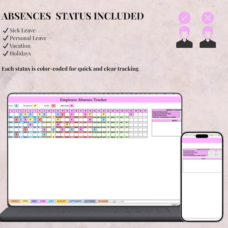 Employee Absence Tracker Excel & Google Sheets | Staff Holiday Sick ...