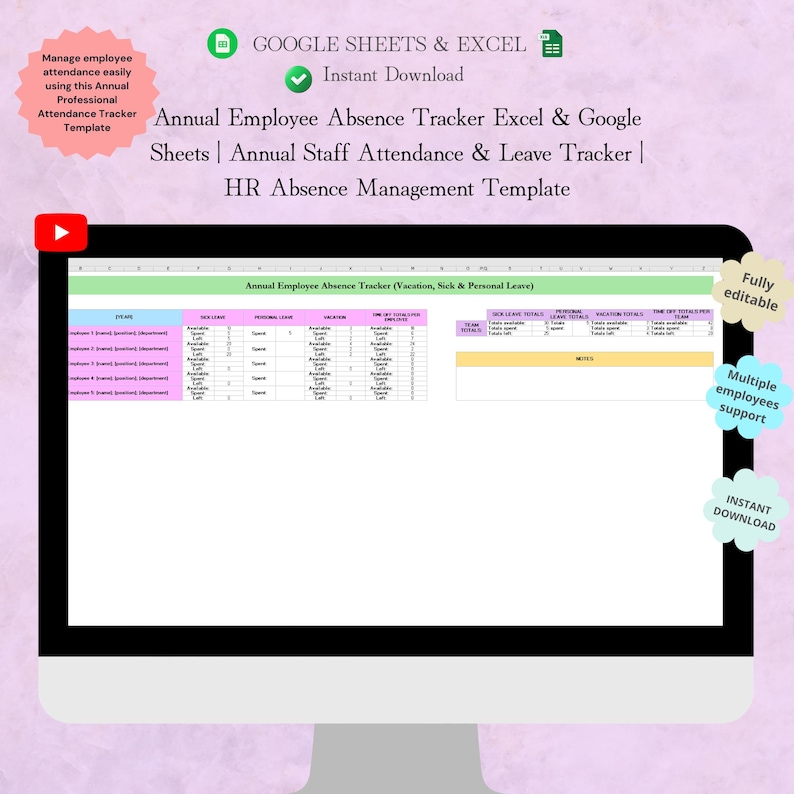 Employee Absence Tracker Excel&google Sheet | Sick Leave Vacation ...