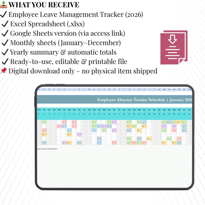 Employee Leave Management Tracker 2026 | Absence Tracker Excel & Google ...