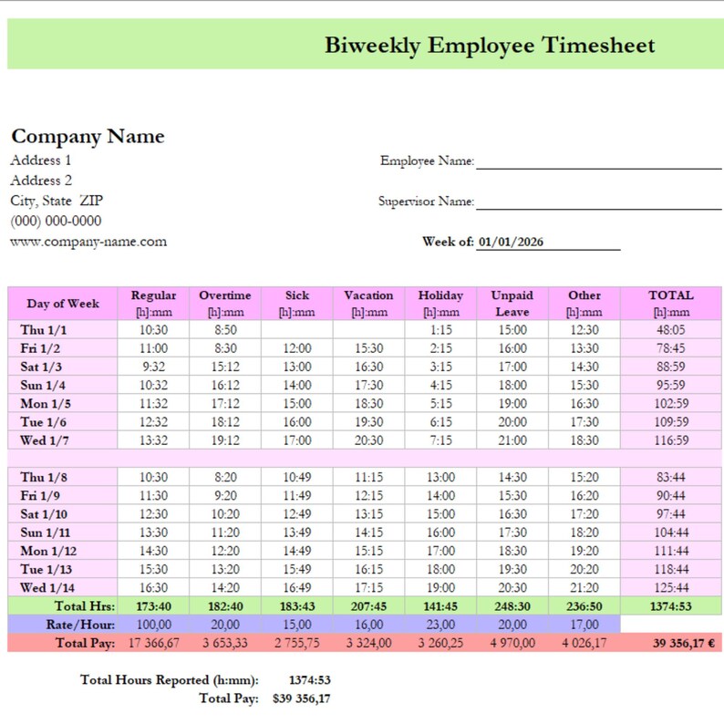Biweekly Timesheet Employee Tracker Template Excel & Google Sheets ...