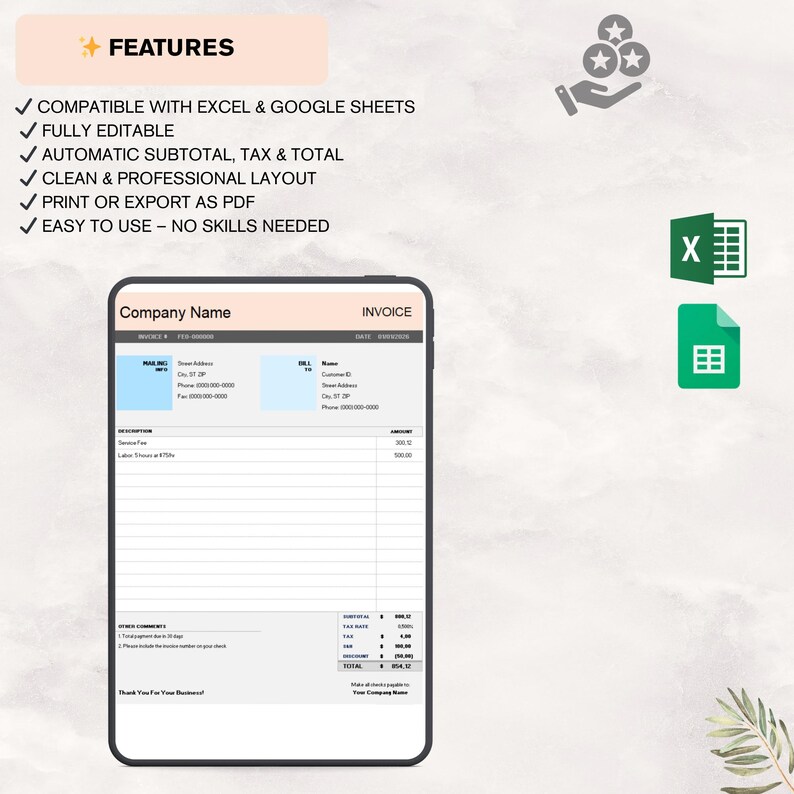 Invoice Template Excel & Google Sheets | Professional Invoice ...