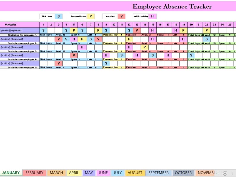 Employee Absence Tracker Excel & Google Sheets | Staff Holiday Sick ...