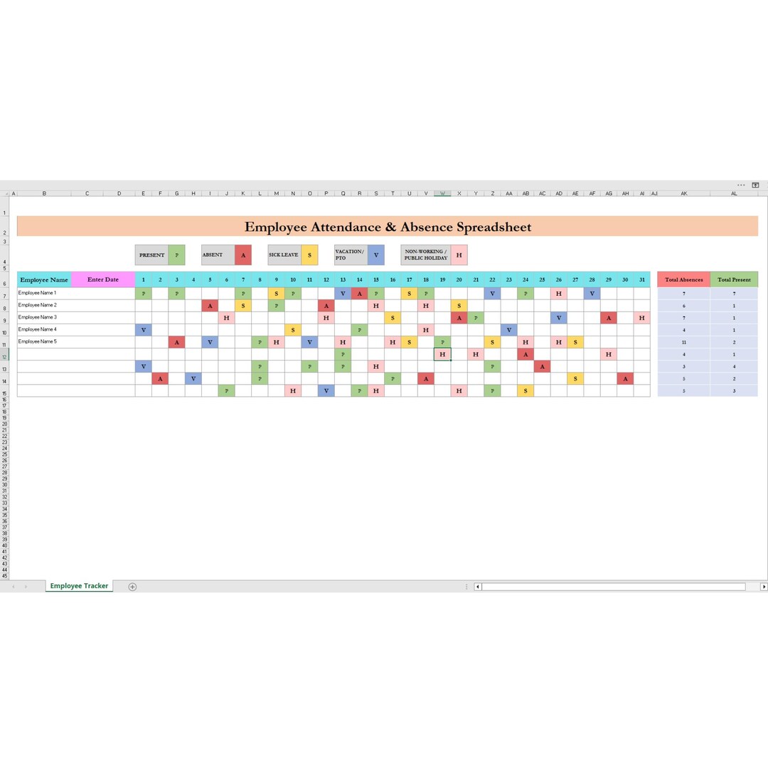 Employee Attendance & Absence Tracker Excel Google Sheetsmonthly Staff ...