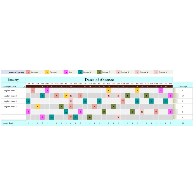 Employee Absence Tracker Calendar 2026 | HR Vacation Sick Leave Planner ...