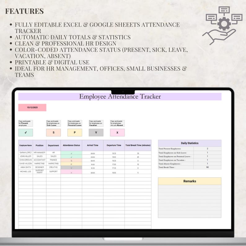 Employee Attendance Tracker Sheet Excel Google Sheets | Work Hours ...