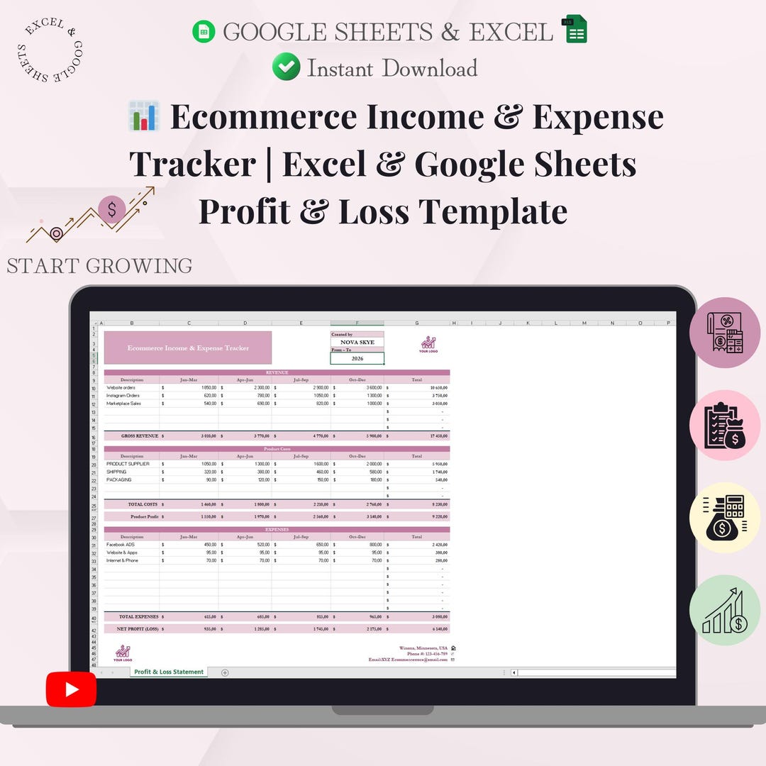 Ecommerce Income & Expense Tracker Spreadsheet | Profit and Loss Excel ...