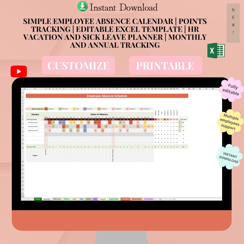 Employee Absence Tracker Calendar 2026 | Editable Excel HR Vacation and ...