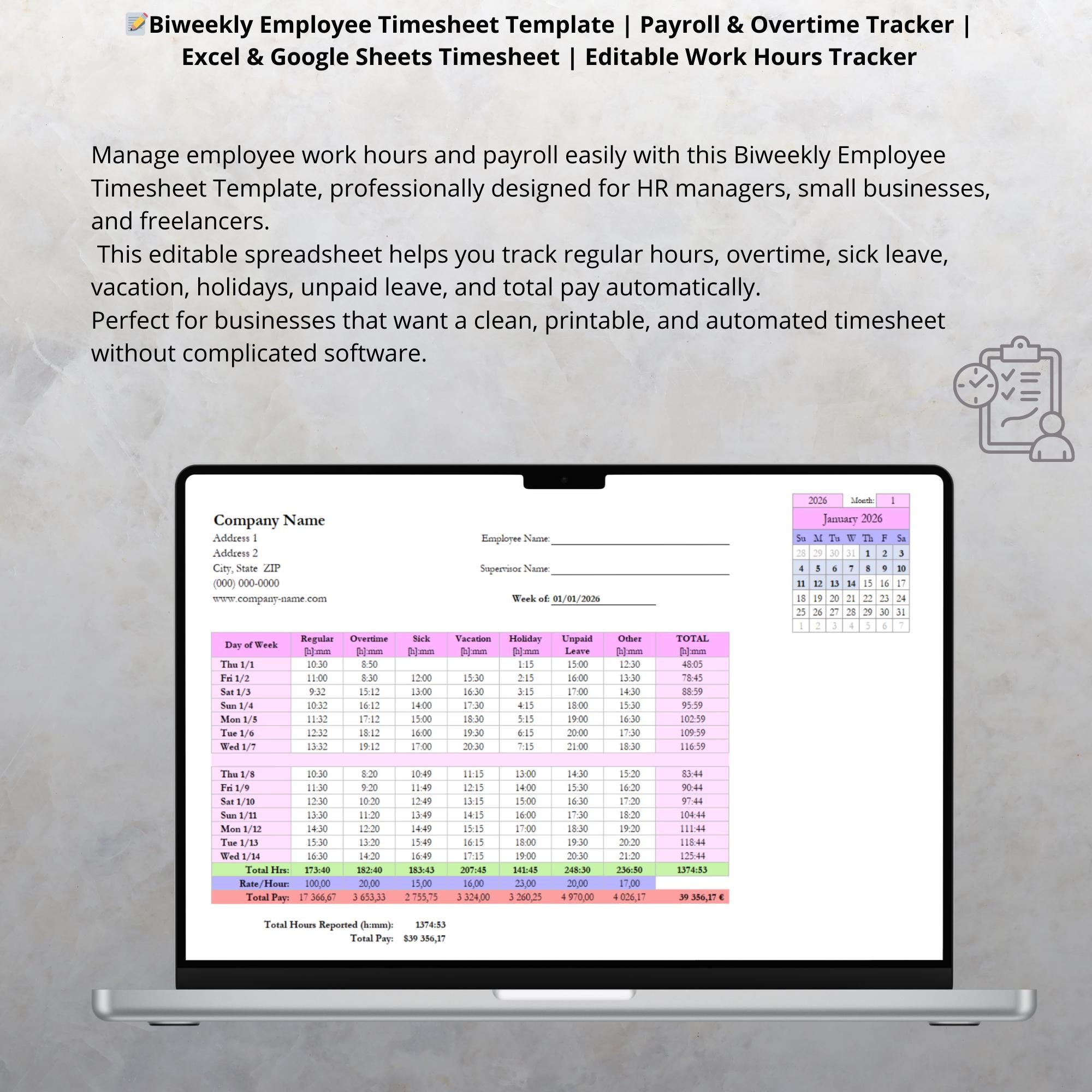 Biweekly Timesheet Employee Tracker Template Excel & Google Sheets ...
