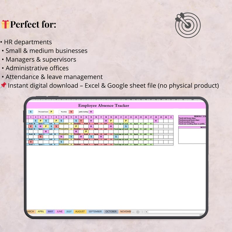 Employee Absence Tracker Excel & Google Sheets | Staff Holiday Sick ...
