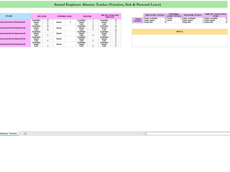 Employee Absence Tracker Excel&google Sheet | Sick Leave Vacation ...